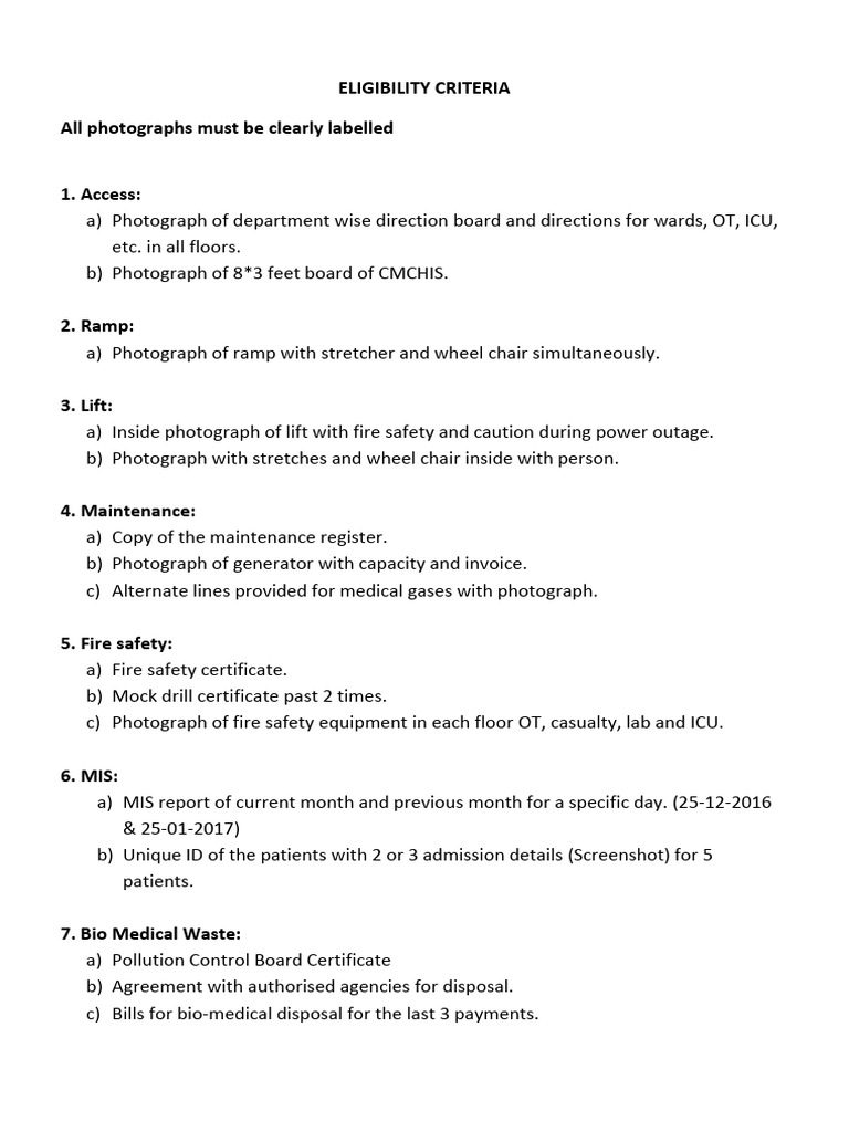 Hospital Eligibility Criteria Checklist | PDF | Radiology | Medicine