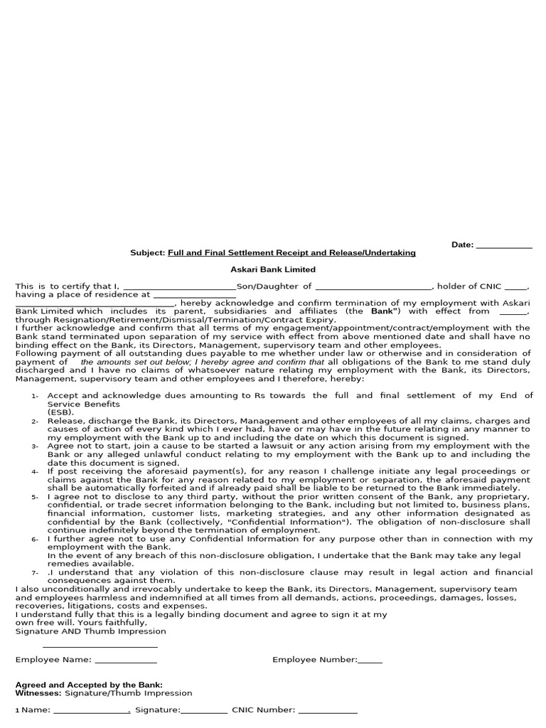 Full and Final Settlement Receipt and ReleaseUndertaking | PDF | Non ...