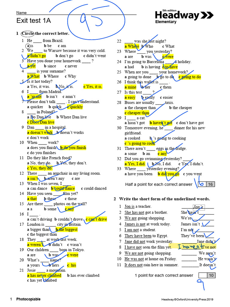 Elementary English Exit Test 1A | PDF | Linguistics