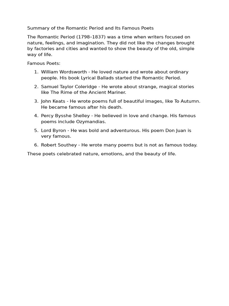 Summary of The Romantic Period and Its Famous Poets | PDF