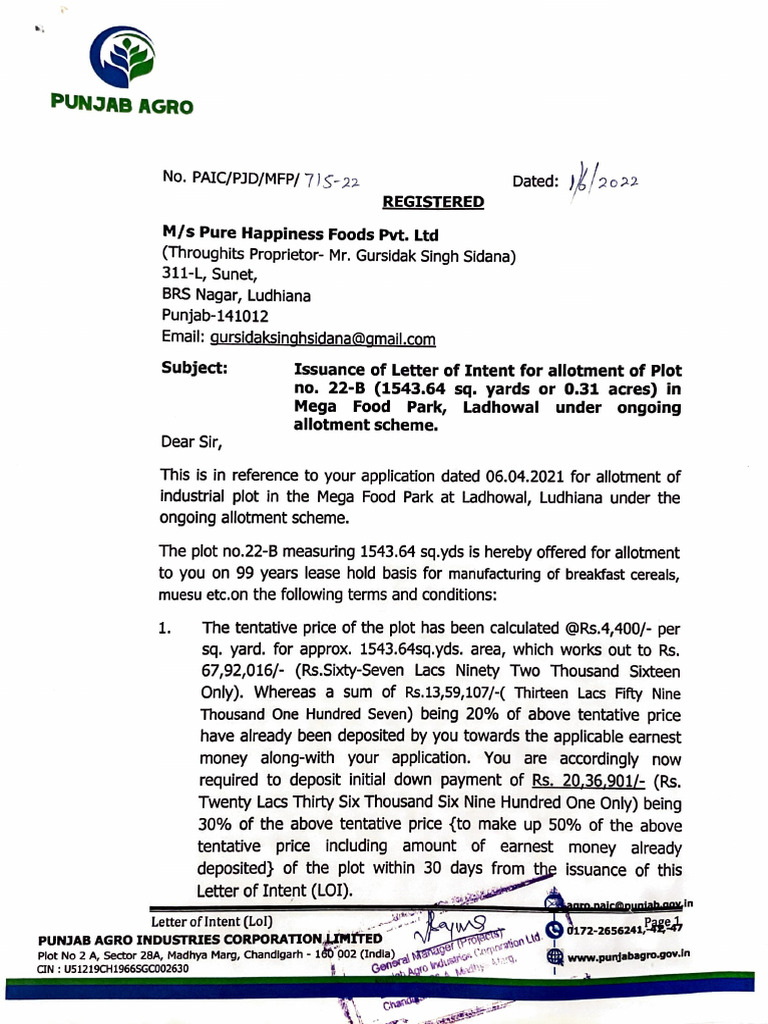 Letter of Intent for Food Park Plot Allocation | PDF | Lease | Interest