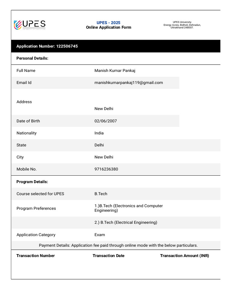 UPES - Applicant Dashboard - Print Application | PDF