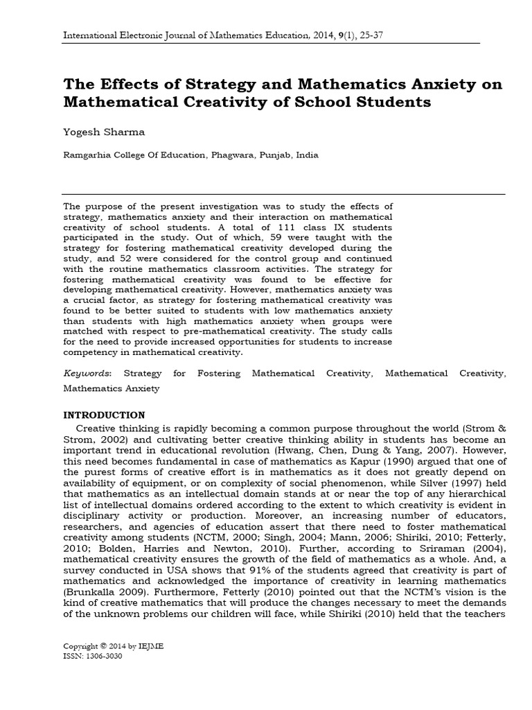 The Effects of Strategy and Mathematics Anxiety On Mathematical Creativity of School Students ...