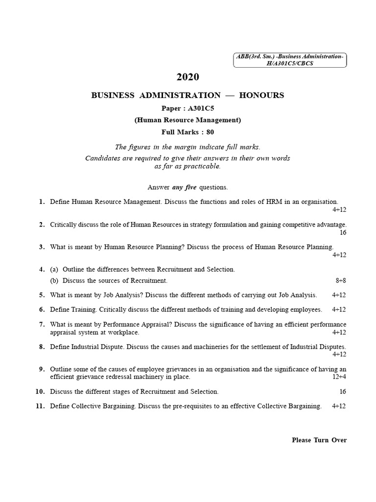 HRM Question Paper for BBA 3rd Sem | PDF | Human Resource Management ...