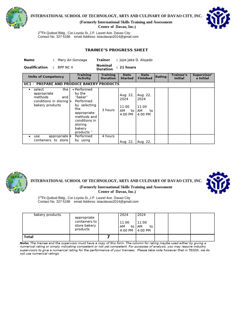 Trainee Progress Sheet for BPP NC II | PDF