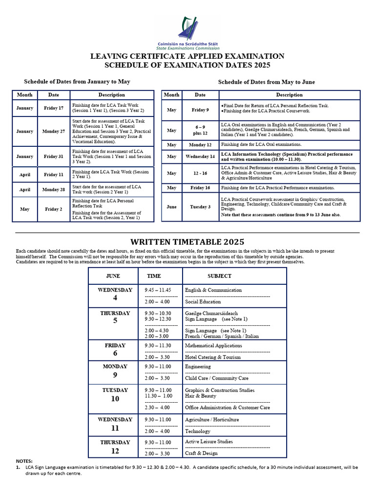 LCA Exam Timetable 2025 | PDF | Educational Stages | Qualifications