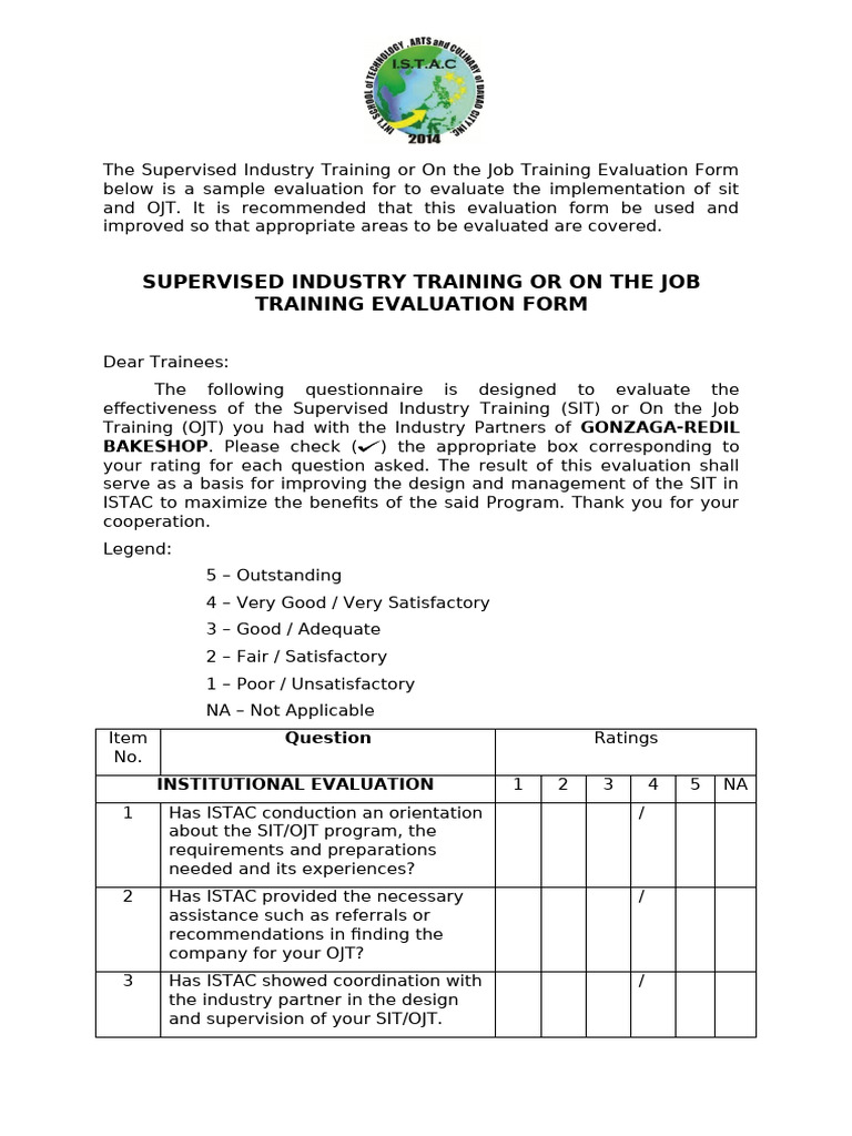 Ojt Evaluation Form For Sit Program Pdf Evaluation Behavior