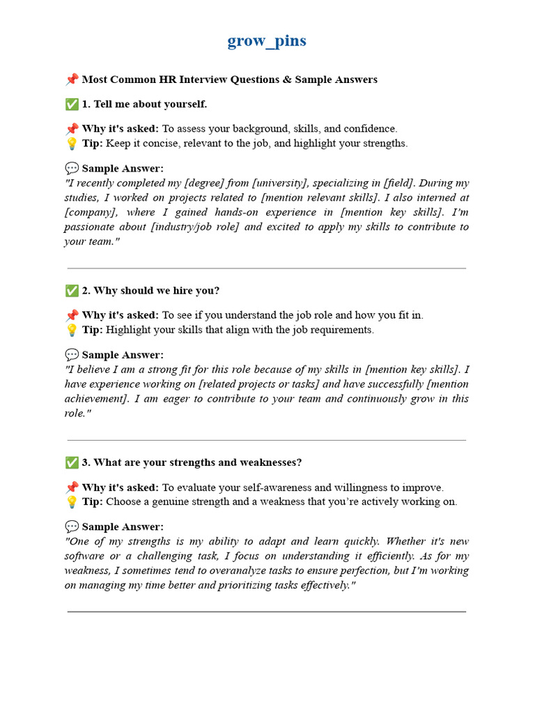 ? Most Common HR Interview Questions & Sample Answers | PDF | Goal | Skill