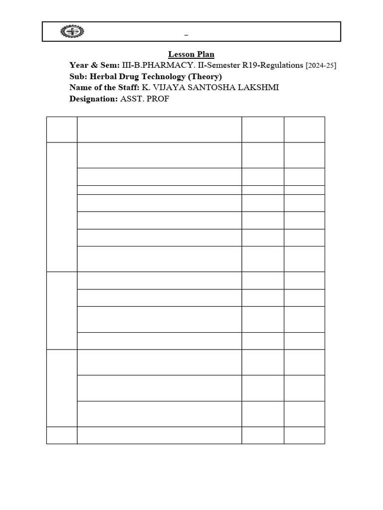 Lesson Plan Herbal Drug Technology | PDF | Ayurveda | Medicine
