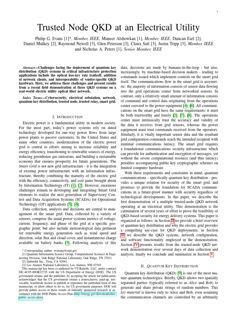 Trusted Node QKD at An Electrical Utility | PDF | Smart Grid | Fiber ...