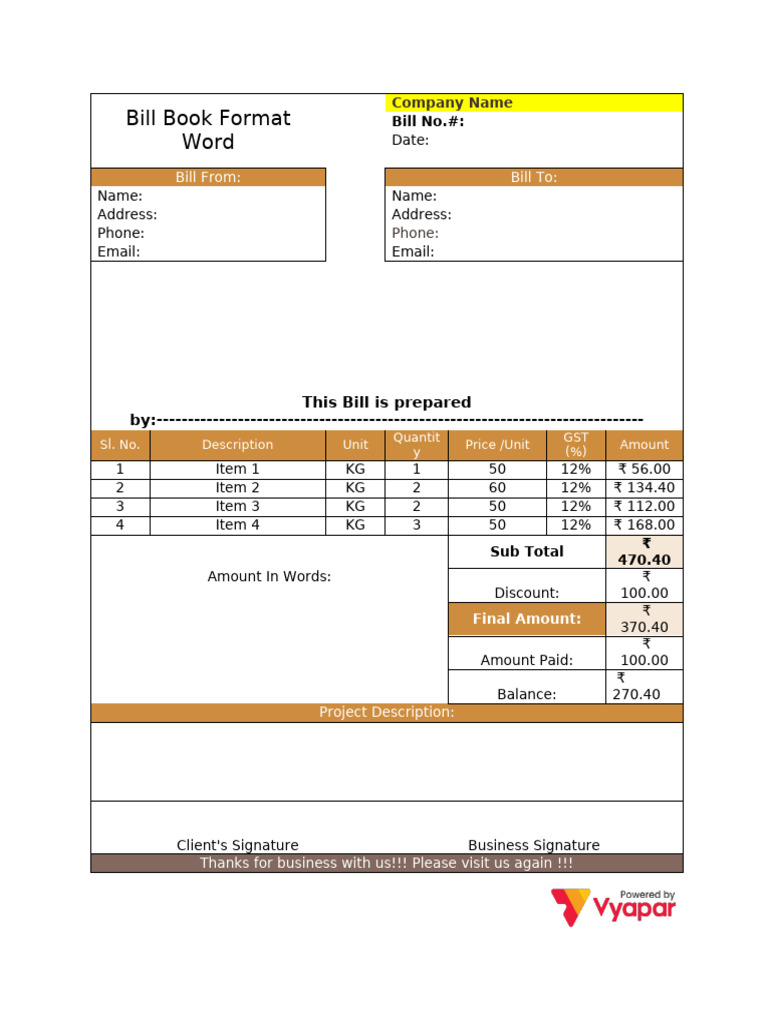 Bill Book Format Word 02 | PDF
