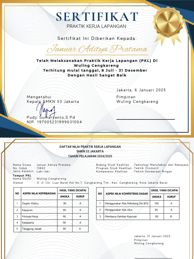 Sertifikat PKL SMKN 53 Jakarta 2025 | PDF