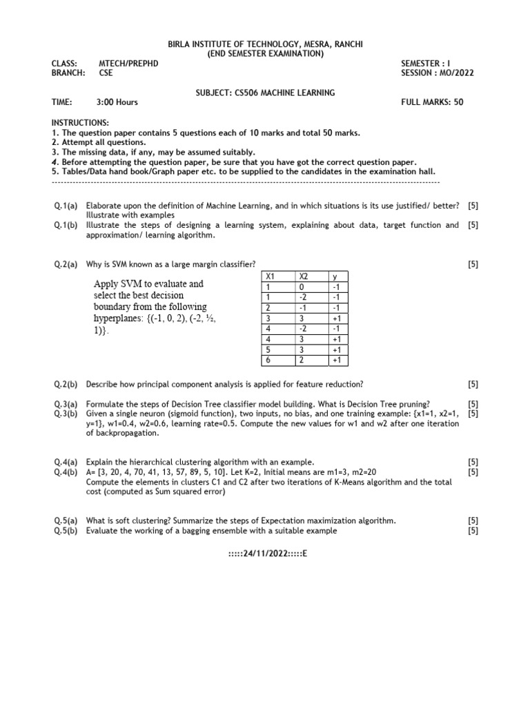 MTech Machine Learning Exam Paper | PDF | Support Vector Machine ...