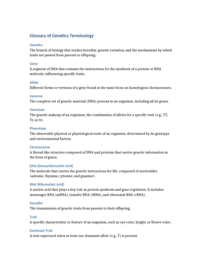 Genetics Terminology Definitions | PDF | Genetics | Gene