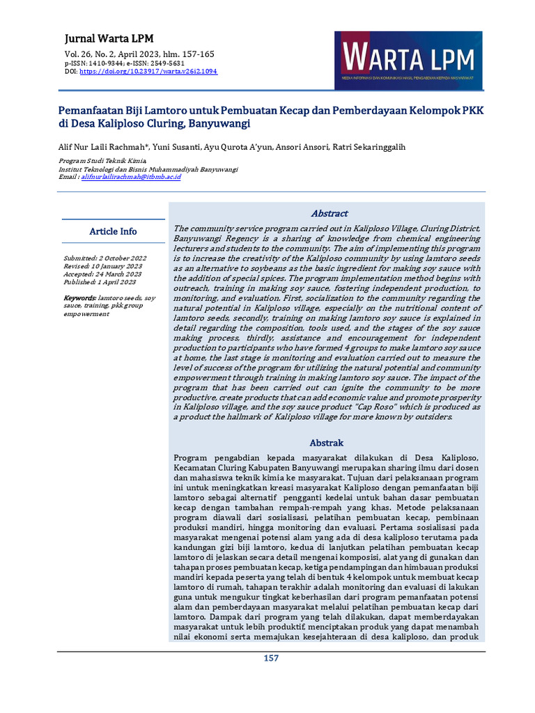 5. Alif-Ansori_Pemanfaatan Biji Lamtoro Untuk Pembuatan Kecap (PKM) (1 April 2023-Sinta 3) | PDF