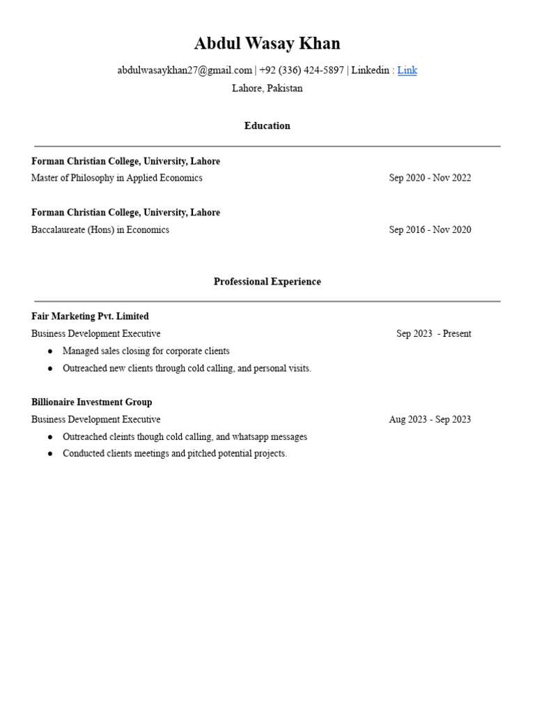New Abdul Wasay Khan CV | PDF