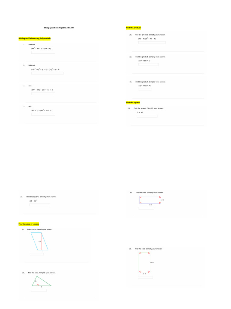 Study Questions Algebra 2 EXAM PDF | PDF