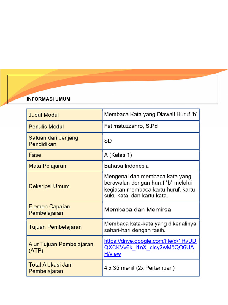 Modul Ajar Membaca Kelas 1 Huruf 'b' | PDF