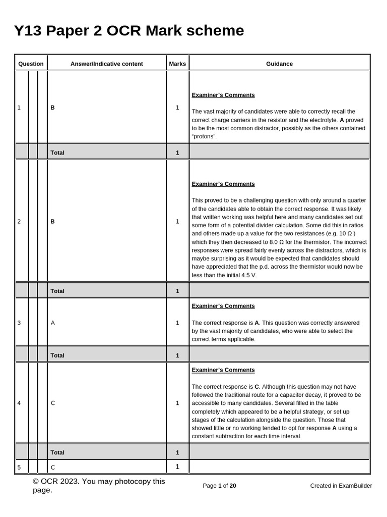 Y13 Paper 2 OCR Mark Scheme: Answer/Indicative Content Marks Guidance | PDF | Electromagnetism ...