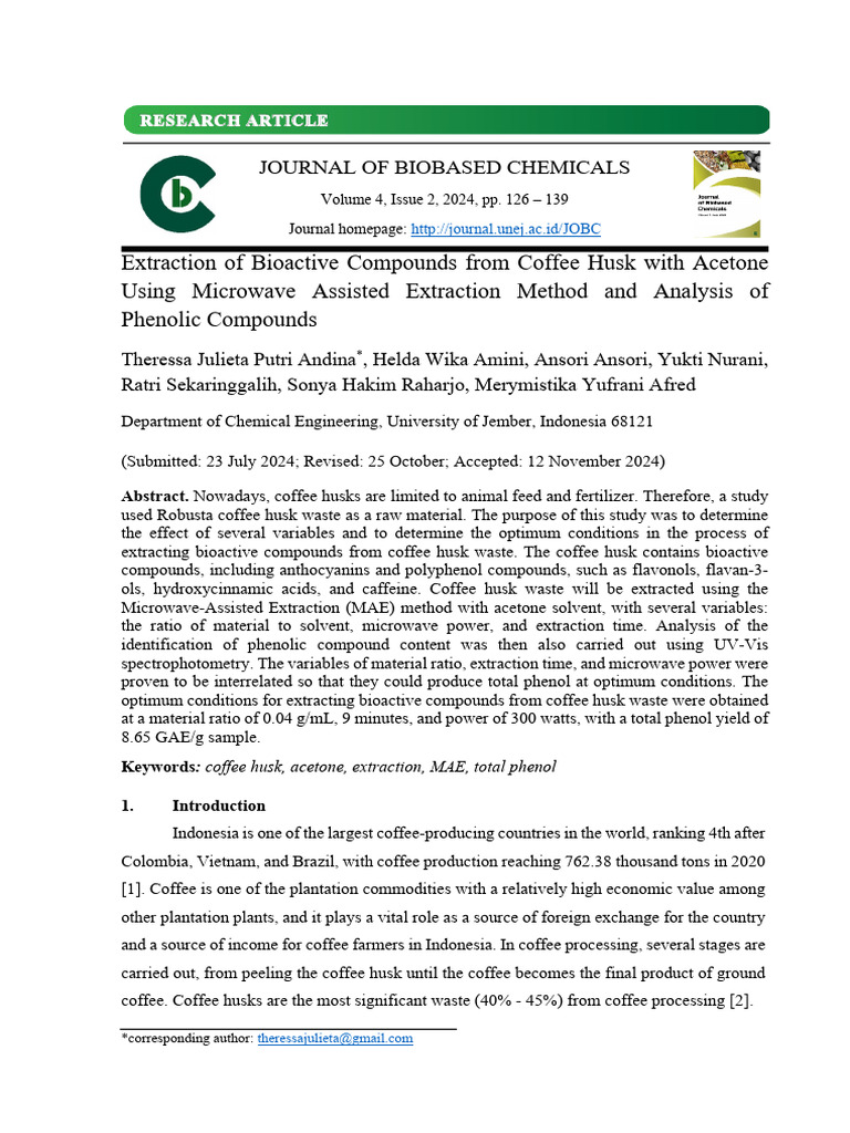 Extraction of Bioactive Compounds from Coffee Husk with Acetone 2024_Ansori | PDF ...