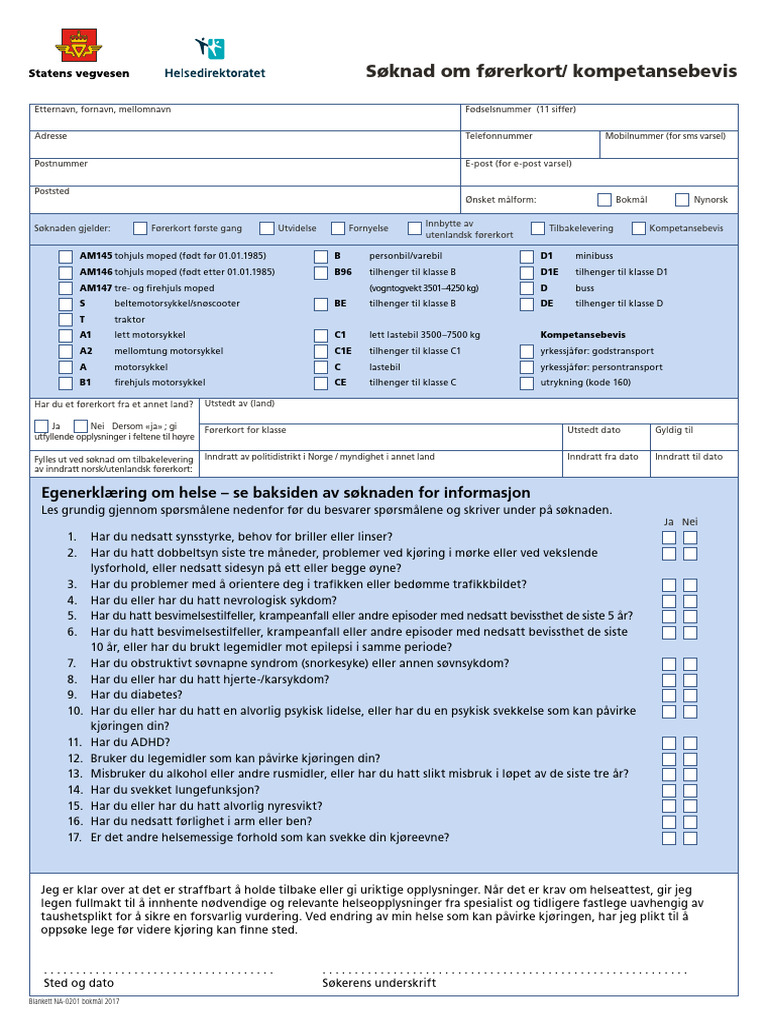 Soknad Om Forerkort Og Kompetansebevis Egenerklaering Om Helse | PDF