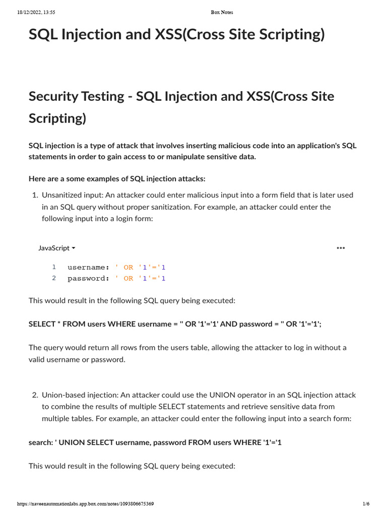 Security Testing - SQL Injection and XSS-1 | PDF | Computing ...
