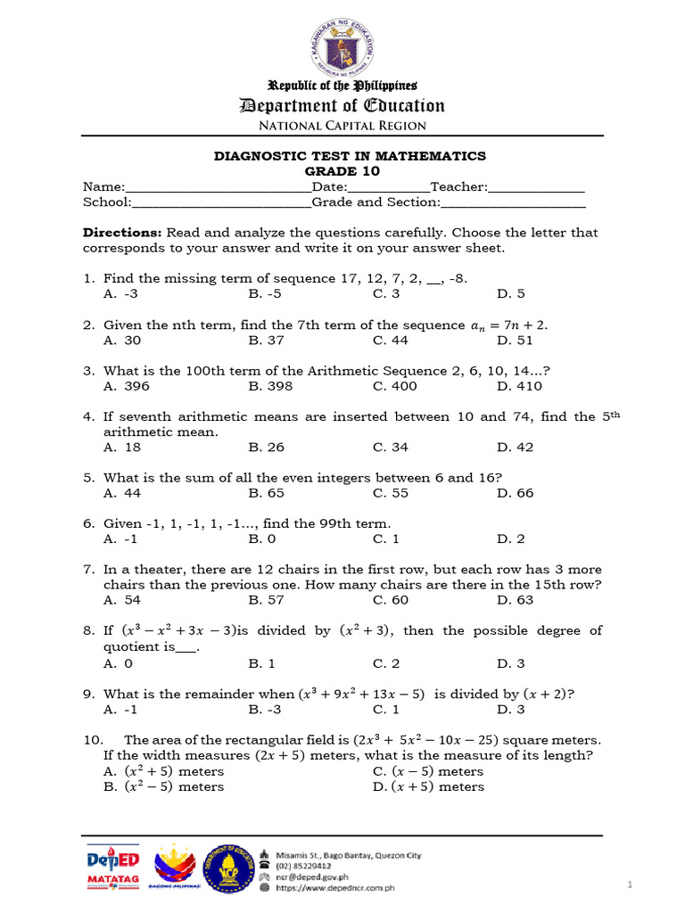Grade 10 Math Diagnostic Test | PDF | Circle | Mathematics