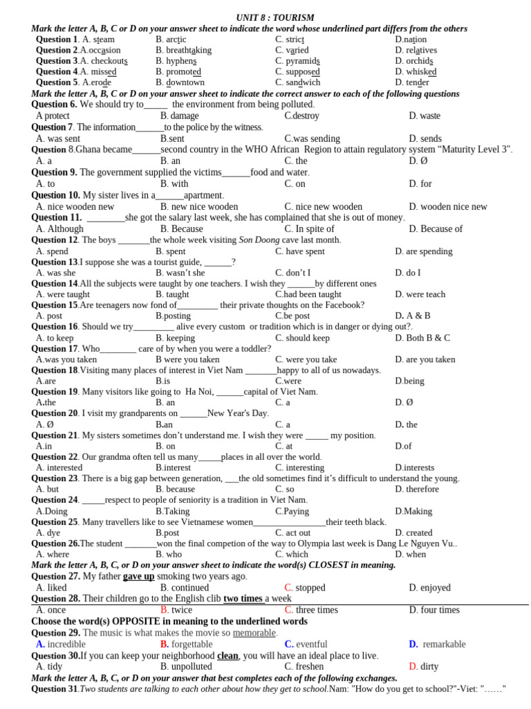Tourism Vocabulary and Grammar Exercises | PDF