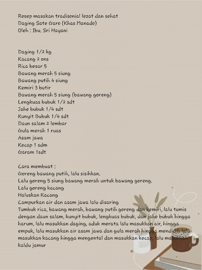 Resep daging garo sate (khas Manado) oleh Ibu Sri Hayani | PDF