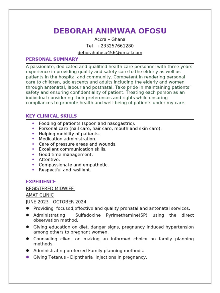 Copy-Deborah Animwaa Ofosu CV Word | PDF | Patient | Midwifery