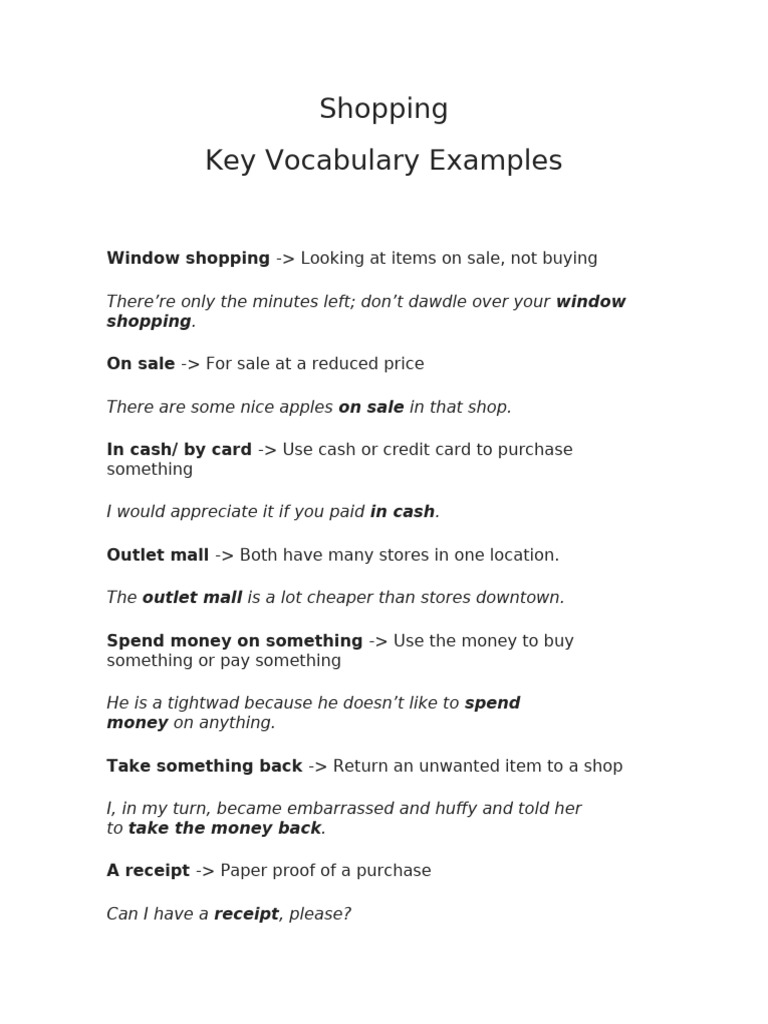 Shopping Vocabulary Guide | PDF