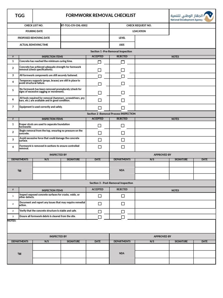 Formwork Removal Checklist for Slabs | PDF | Concrete | Building Materials