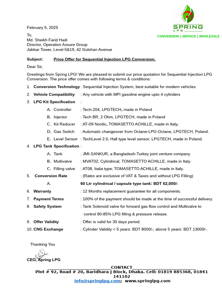 Quotation For LPG Conversion, Ashfakur Bhai - Probox | PDF