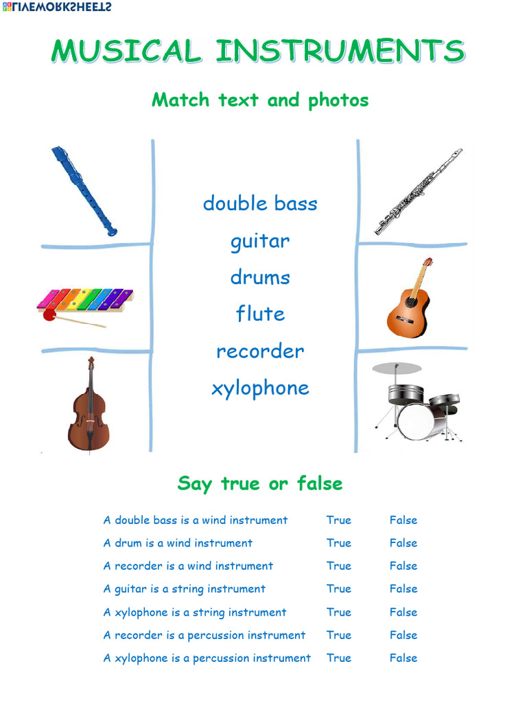 Ficha Evaluar. 5ºEP. Musical Instruments and True or False (1 Evaluación) | PDF