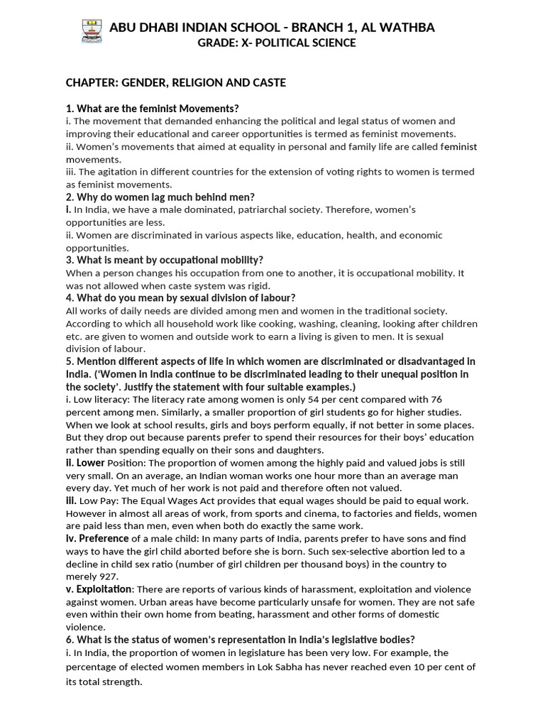 NOTES GENDER RELIGION CASTE GRADE 10 (2) | PDF | Woman | Caste