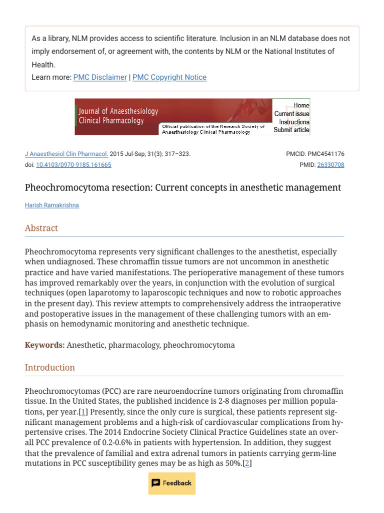 Pheochromocytoma Resection - Current Concepts in Anesthetic Management ...