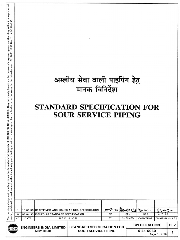 EIL Standard 6-44-0060 Rev 1-Sour Service Piping | PDF