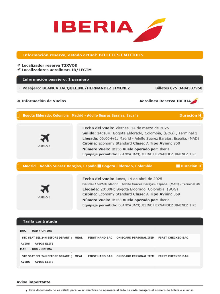 Billete Bog-Mad-Bog Señora Blanca | PDF | Transporte | Aviación Civil