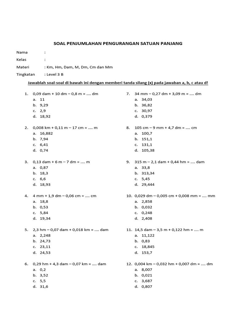 Soal Campuran Penjumlahan Pengurangan Satuan Panjang Lengkap Desimal Level 3 B | PDF