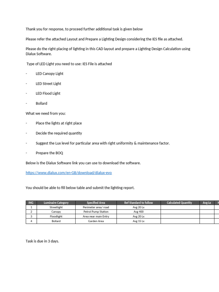 Lighting Design Calculation Task | PDF