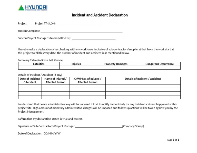 Incident and Accident Declaration Form | PDF
