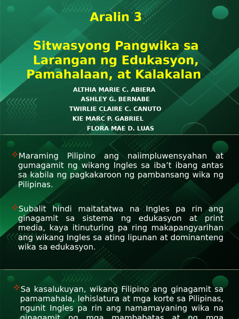 Aralin 3 Sitwasyong Pangwika Sa Larangan NG Edukasyon Pamahalaan at ...