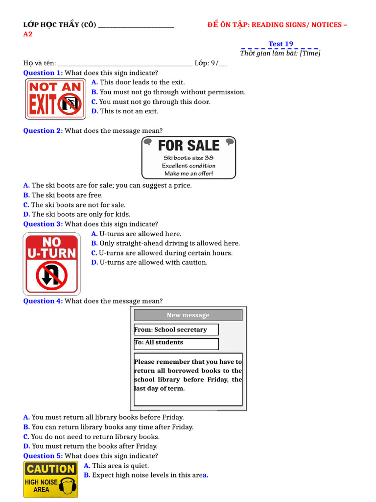 HS Test 19 Reading Signs - Notices | PDF