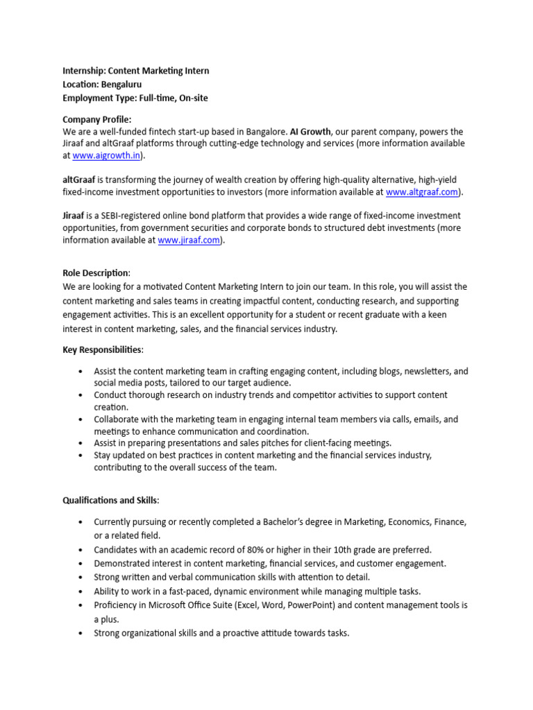 JD - Content Marketing Intern | PDF | Marketing | Investing