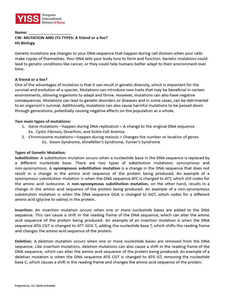 MUTATION AND ITS TYPES - Individual Activity | PDF | Point Mutation | Mutation