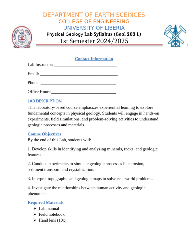 Physical Geology Lab Syllabus | PDF | Geology | Rock (Geology)