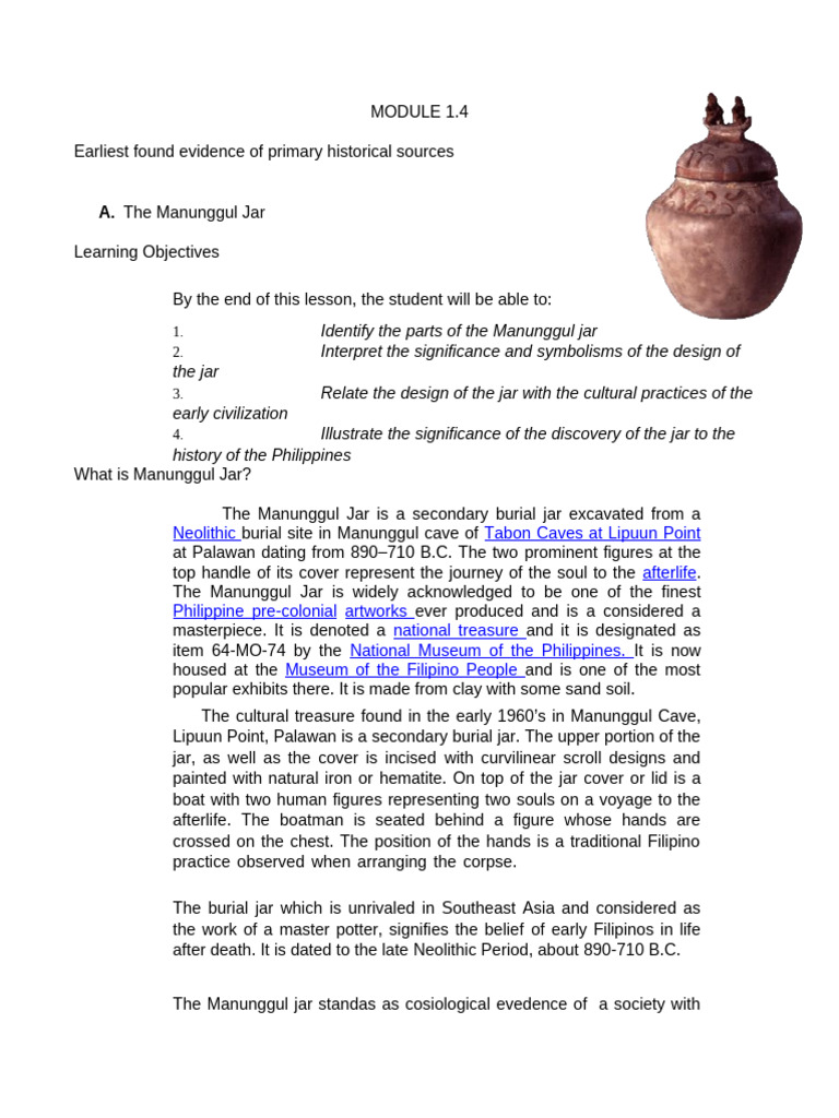 Module 1.4 The Manunggul Jar and Laguna Copperplate Inscription | PDF