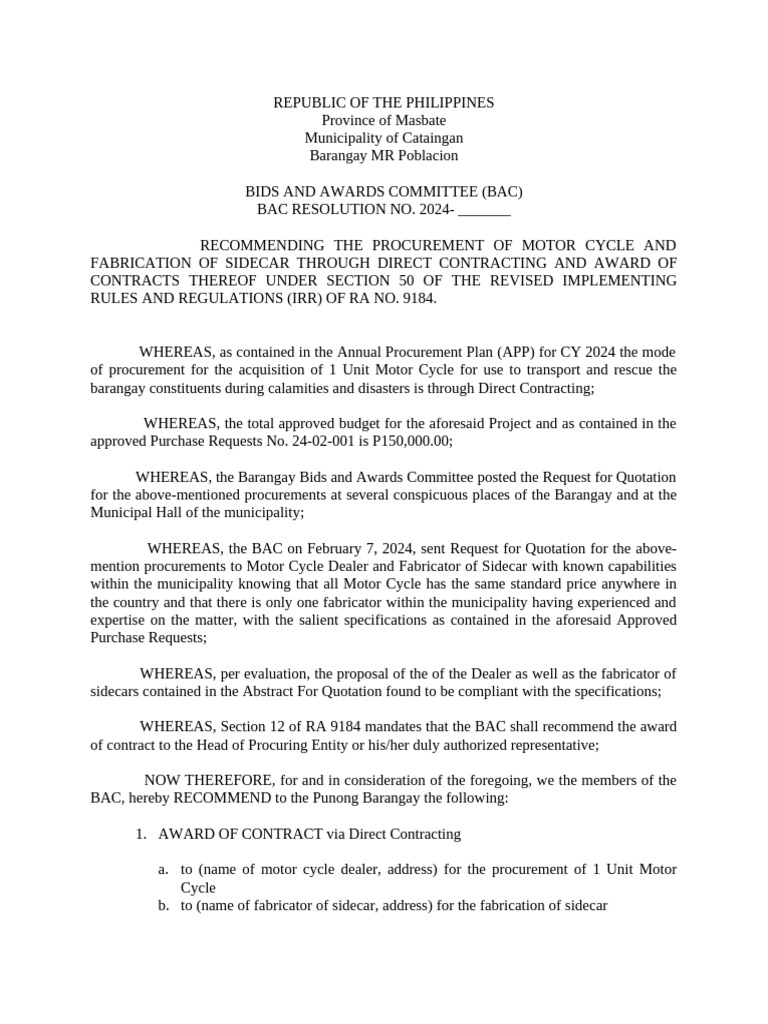 BAC Resolution for Motorcycle Procurement | PDF | Procurement