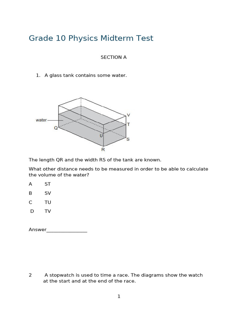 Grade 10 Physics Midterm Test Questions | PDF | Force | Density