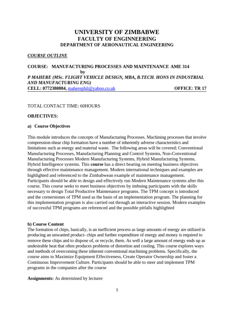 Course outline MANUFACTURING PROCESSES AND MAINTENANCE NEW | PDF | Lean Manufacturing ...